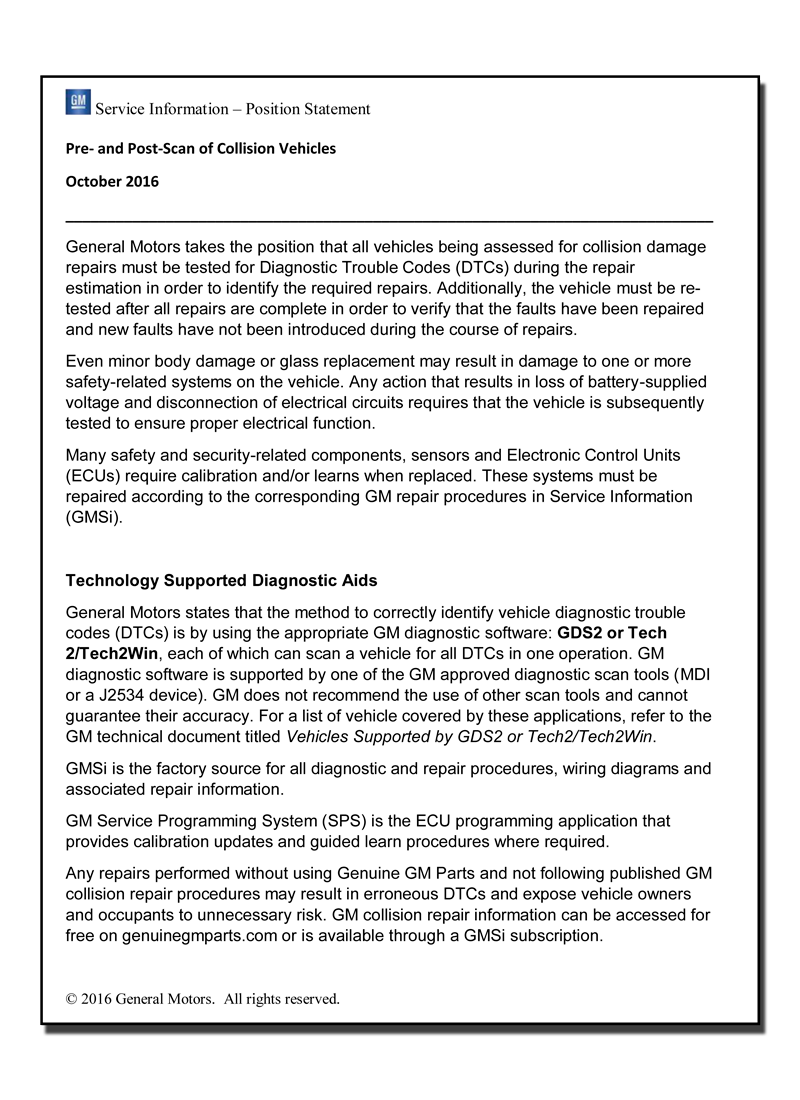 GM Issues Position Statement for Pre- and Post-Collision Repair Scans ...